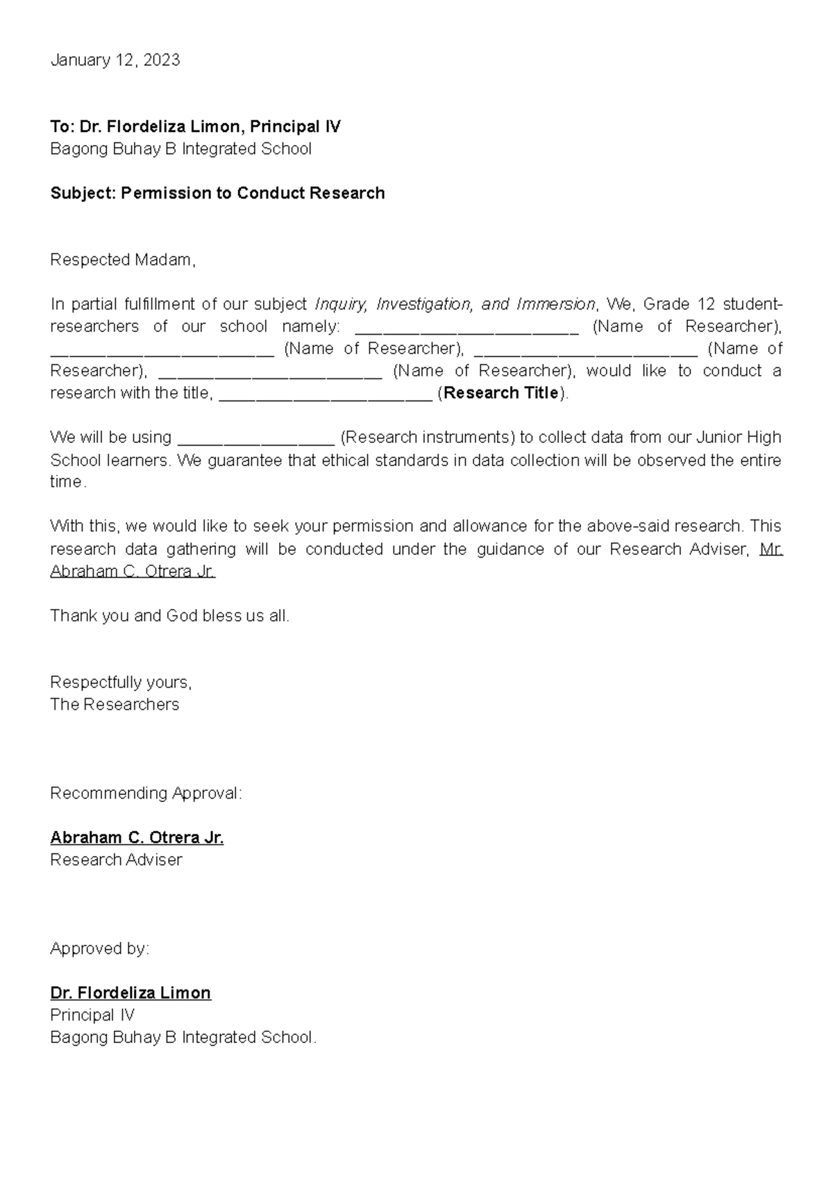 Request Letter to Conduct Research - January 12, 2023 To: Dr ...