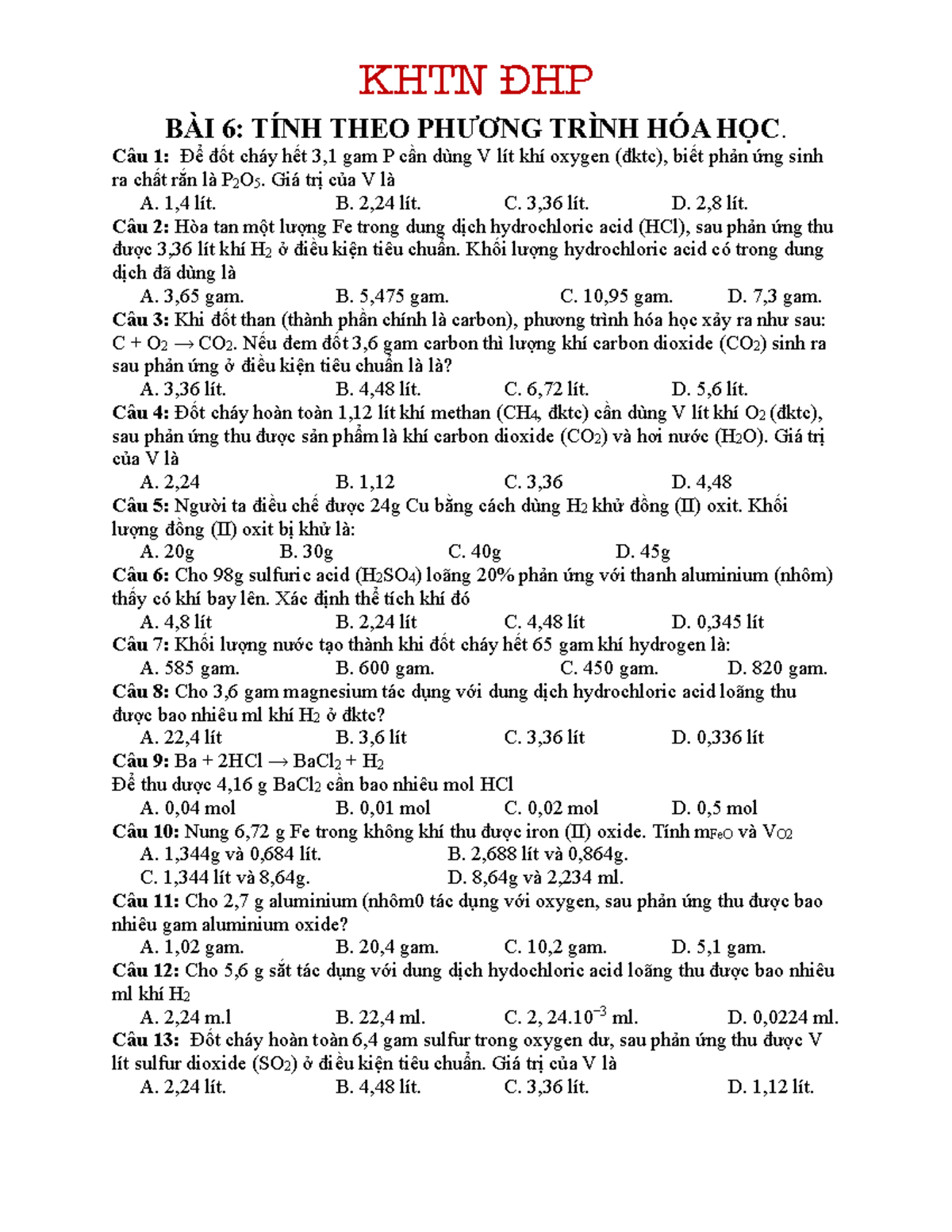 BÀI 6 TÍNH THEO PTHH - tính theo pthh - KHTN ĐHP BÀI 6: TÍNH THEO ...