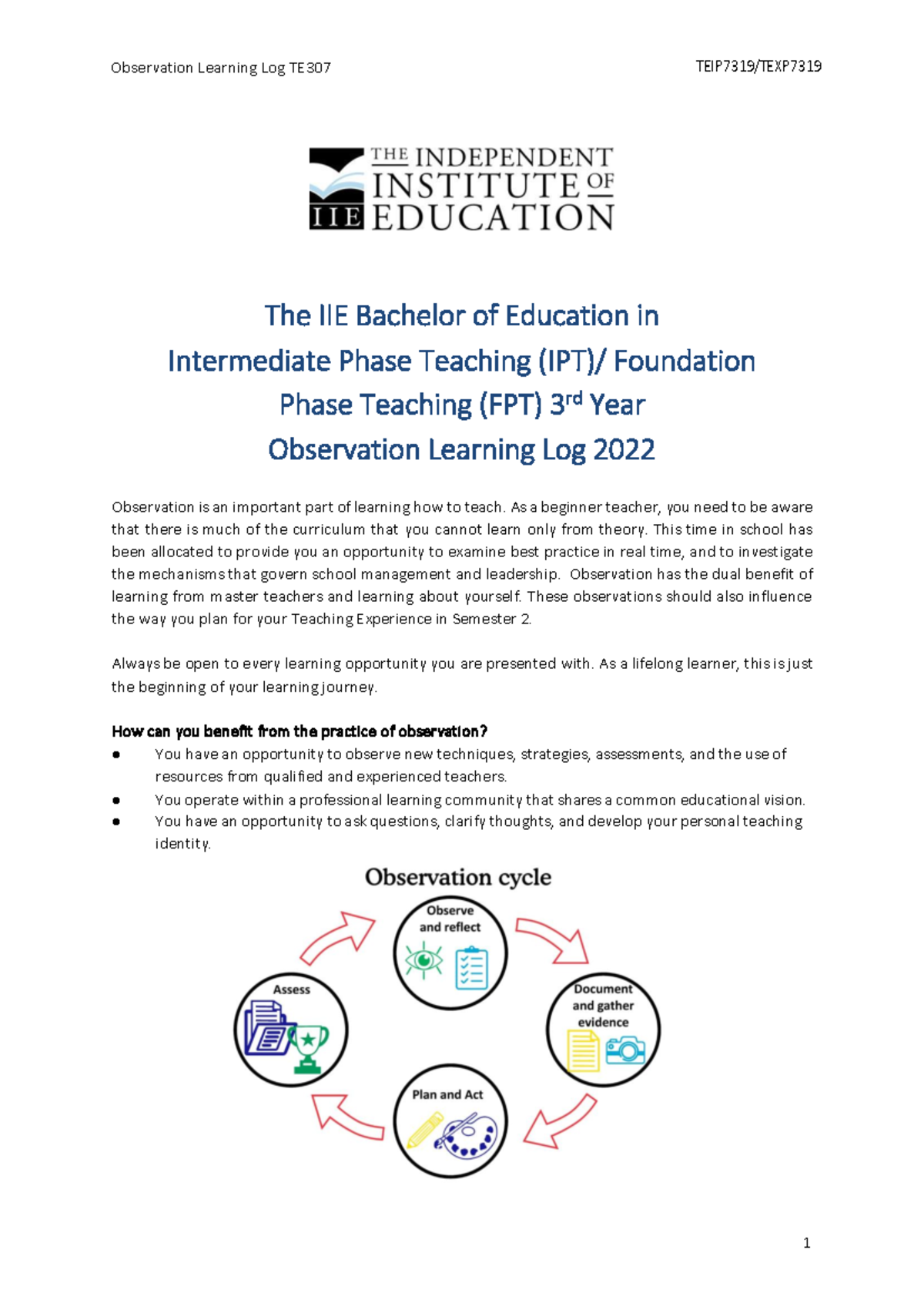 TEIP7319 TE307 Observation Learning Log - The IIE Bachelor of Education ...