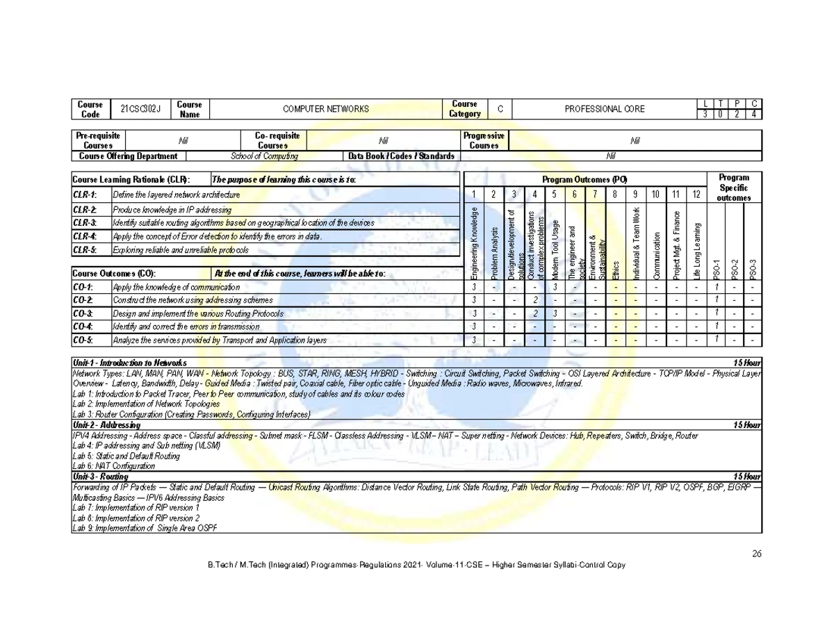 21CSC302J CN Syllabus - 26 Course CourseCourse21CSC302J COMPUTER ...