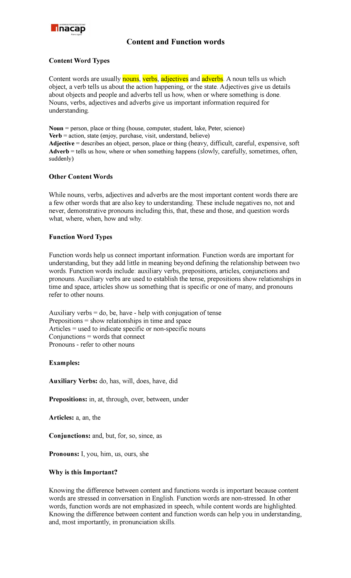 Content and Function words 11 rspuestas - Inglés II - UTEM - Studocu