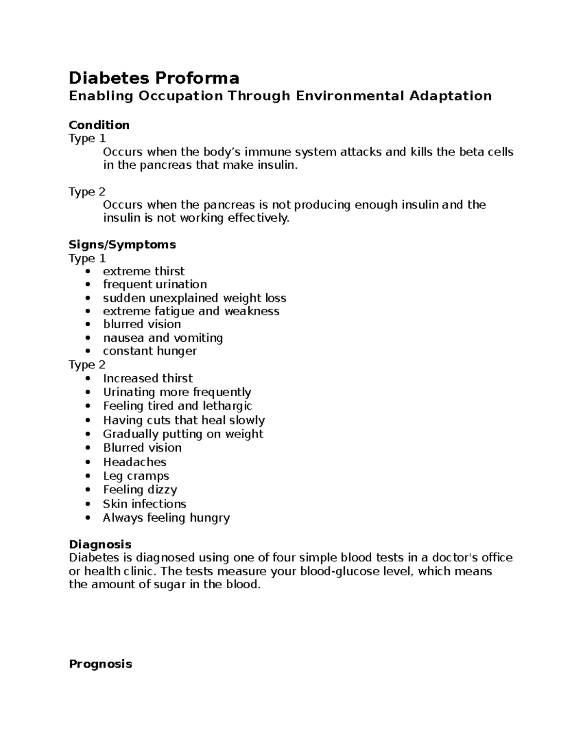 Diabetes Proforma copy - Diabetes Proforma Enabling Occupation Through ...