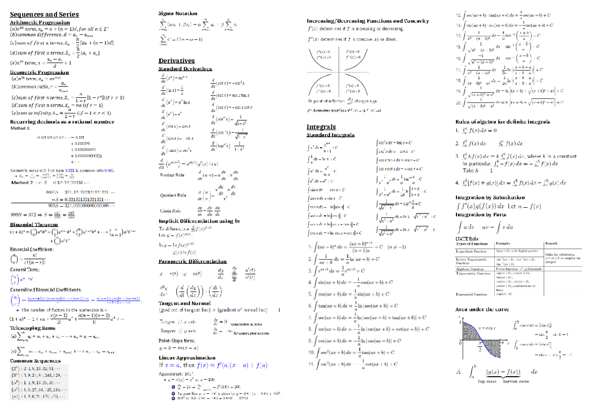 Ma1301 finals cheatsheet (real) - Sequences and Series Arithmetic Progression Geometric ...