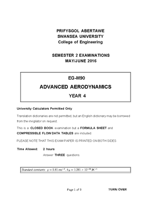 EGM90 Advanced Aerodynamics formula sheet - PRIFYSGOL ABERTAWE SWANSEA ...