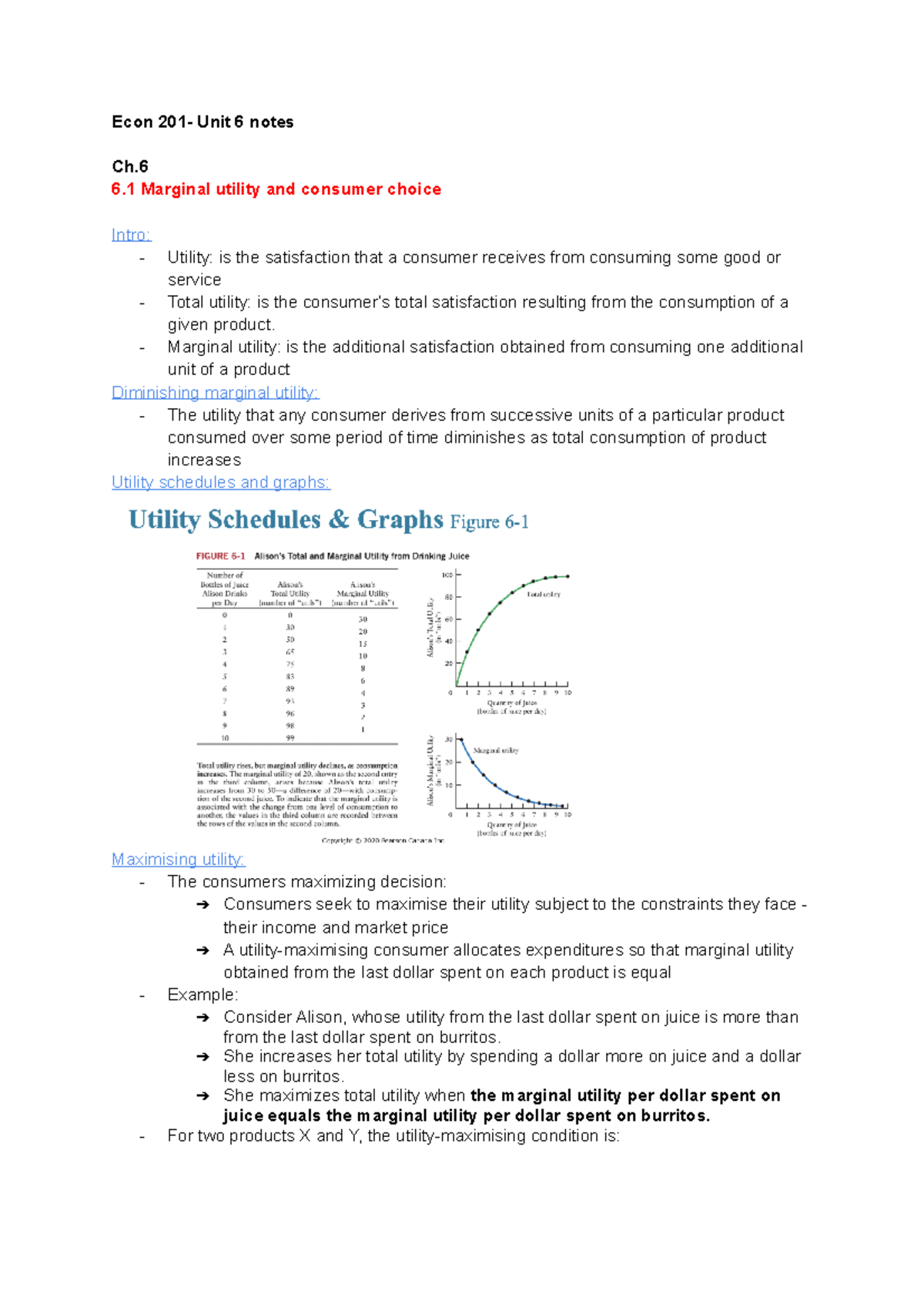 Econ 201- Unit 6 notes - Econ 201- Unit 6 notes Ch. 6 Marginal utility ...
