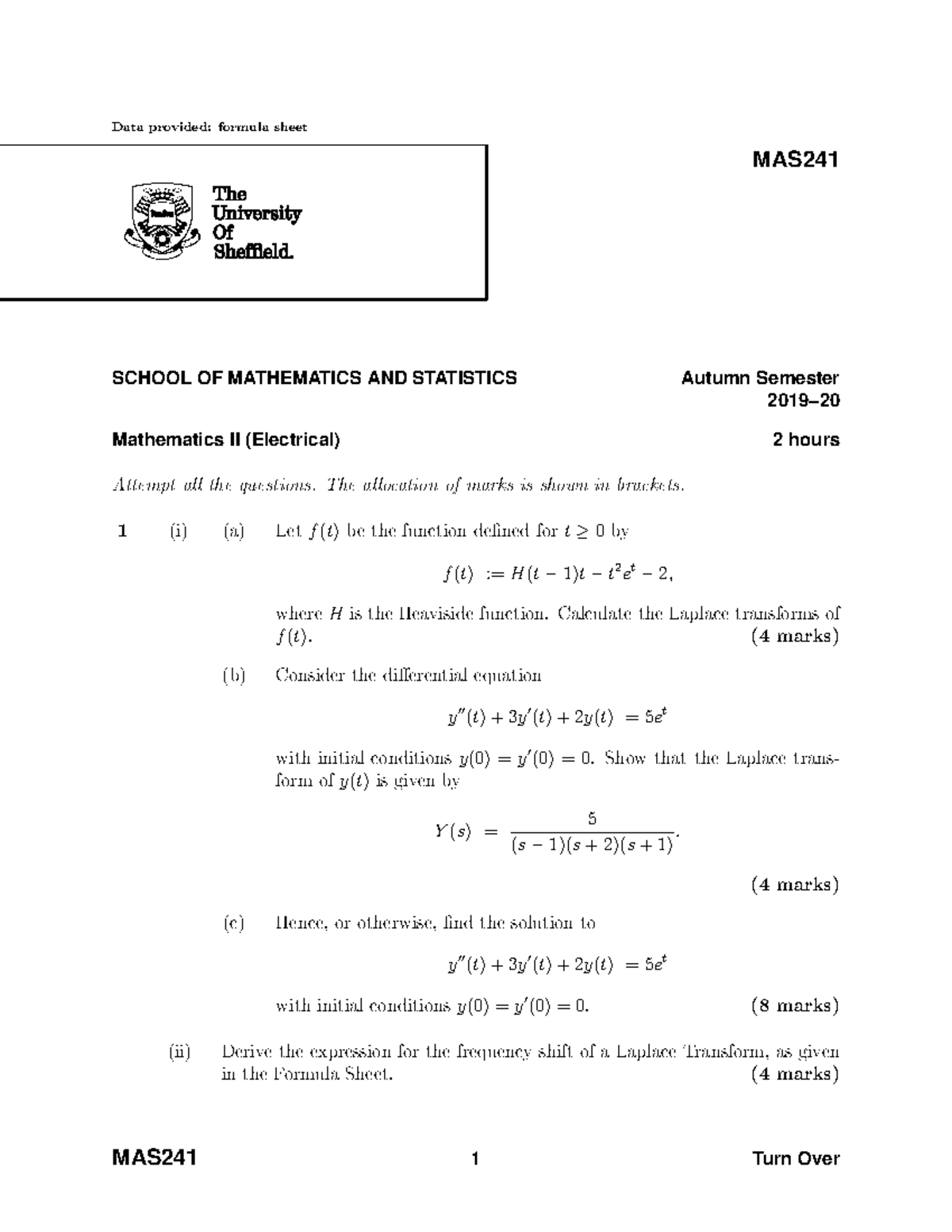 Mas241 18-19exam - ssss - Data provided: formula sheet MAS SCHOOL OF ...