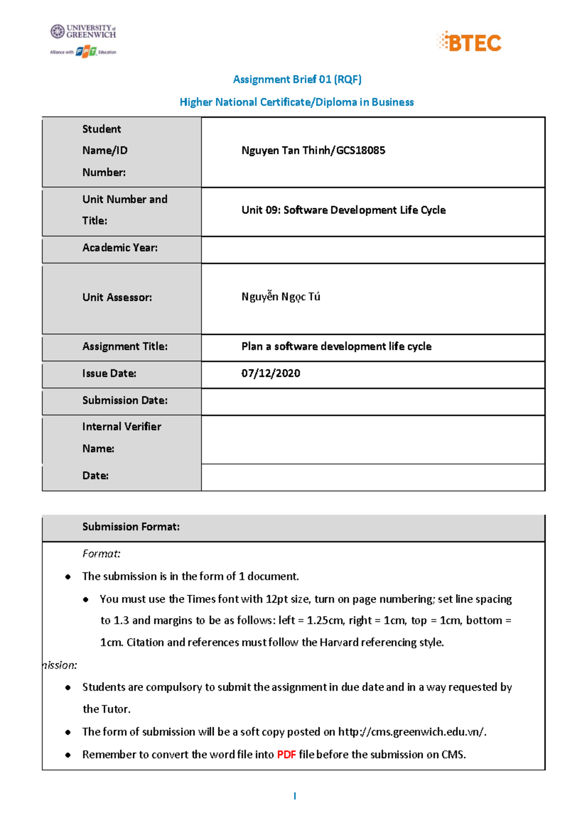 1631 GCS18085 Nguyentanthinh Assignment 1 - Assignment Brief 01 (RQF) Higher National - Studocu