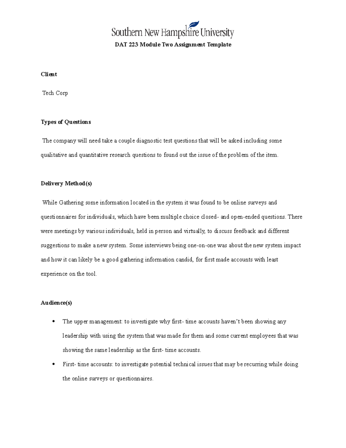 Dat 223 Module Two Assignment Template Dat 223 Module Two Assignment Template Client Tech Corp