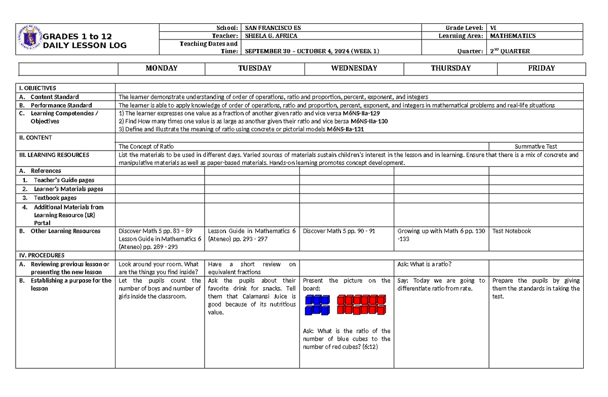DLL MATH 6 Q2 W1 - FOR COMPLIANCE IN SUBJECT - GRADES 1 to 12 DAILY ...
