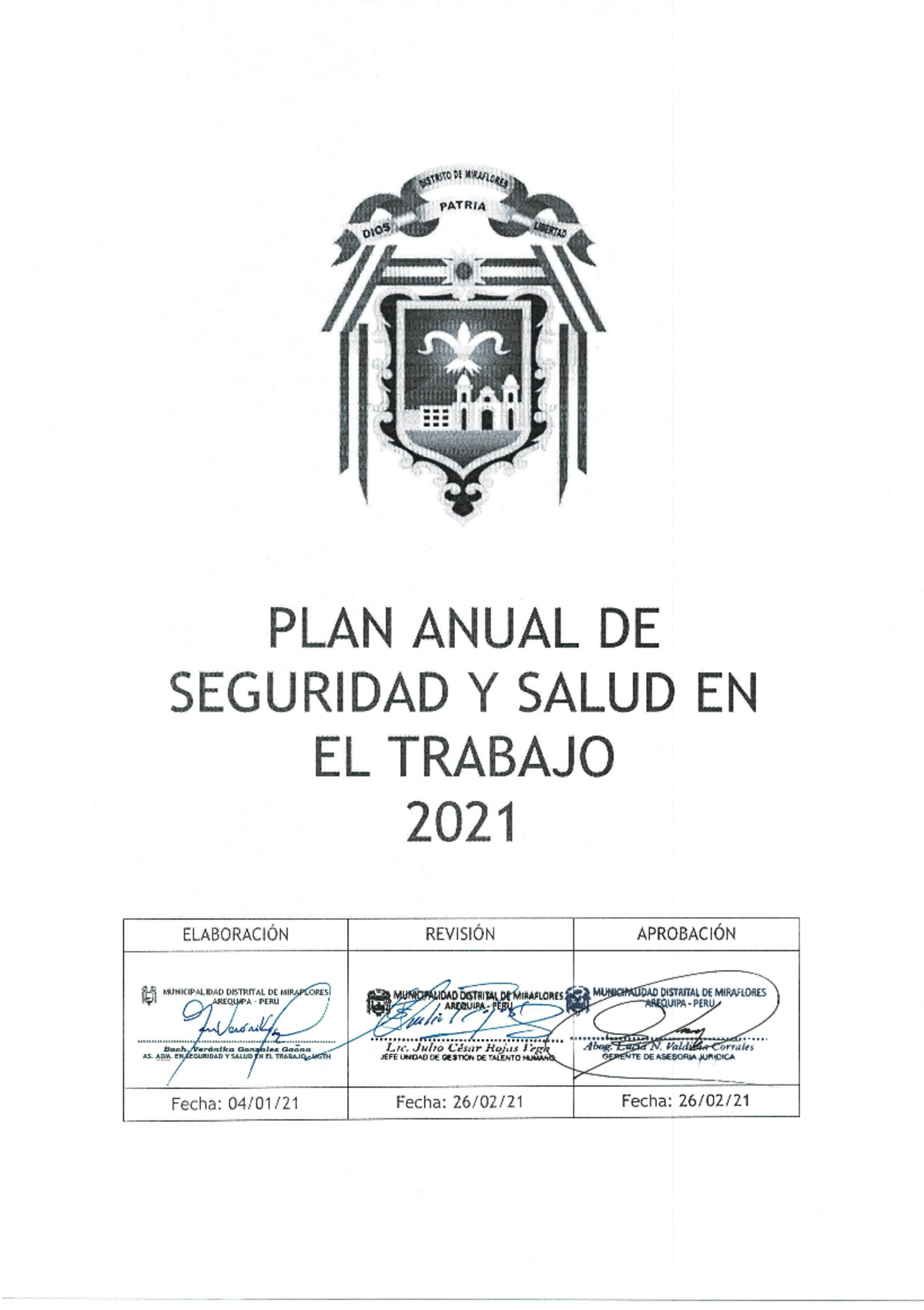 PLAN Anual DE SST - DISTRITO DE MIRAFLORES PATRIA DIOS PLAN ANUAL DE ...