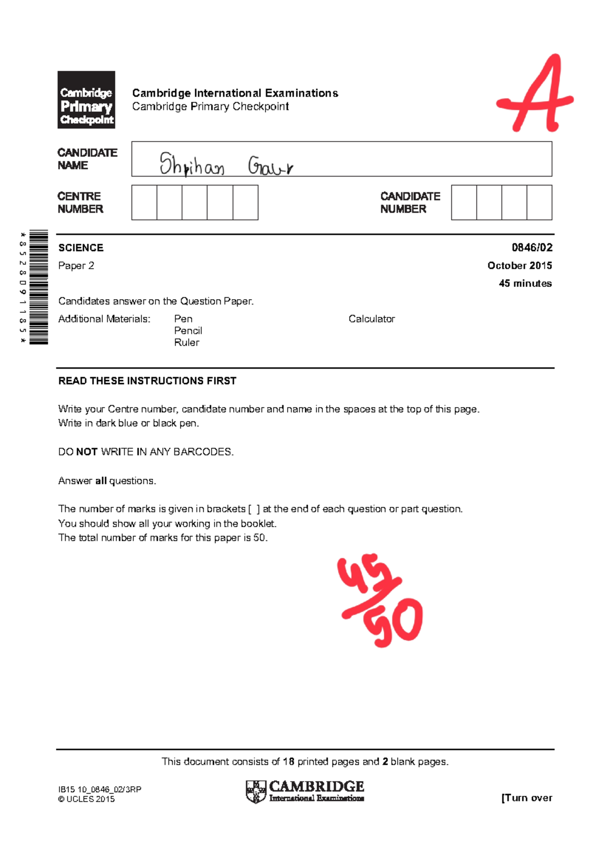 Primary Checkpoint Science 0846 October 2015 Paper 2 - This document ...