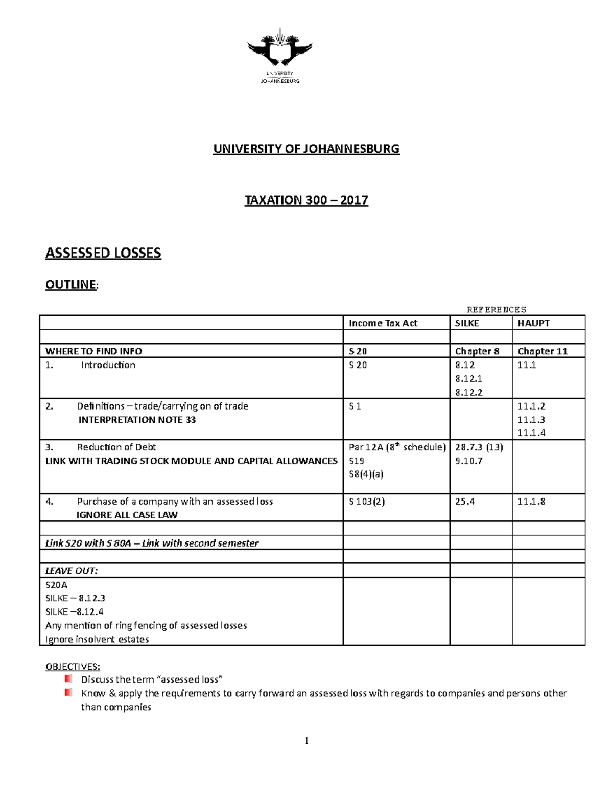 Assessed losses module outline 2017 - UNIVERSITY OF JOHANNESBURG ...