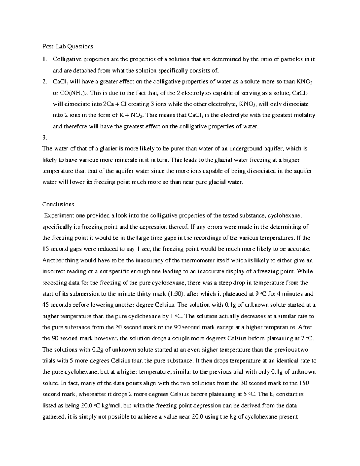 Experiment 1: Molar Mass of a Solid (Cyclohexane) - Post-Lab Questions ...