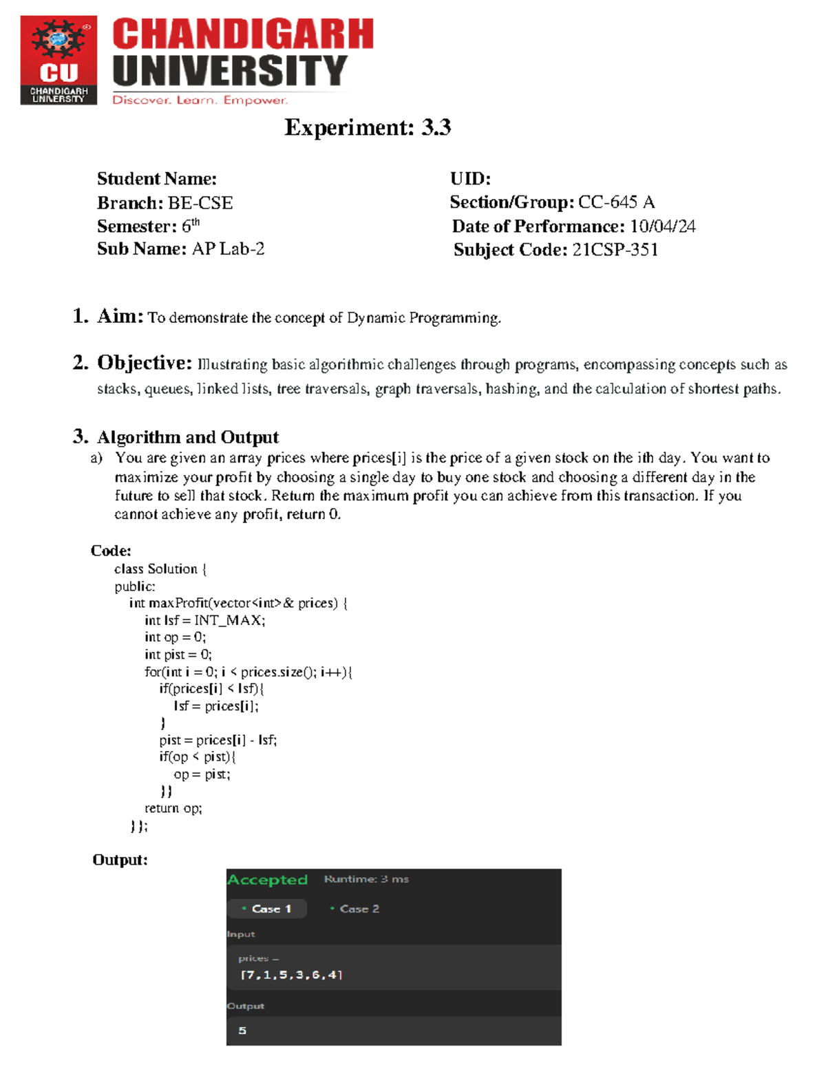 Advance Programming 3.3 - Experiment: 3. Student Name: Branch: BE-CSE ...