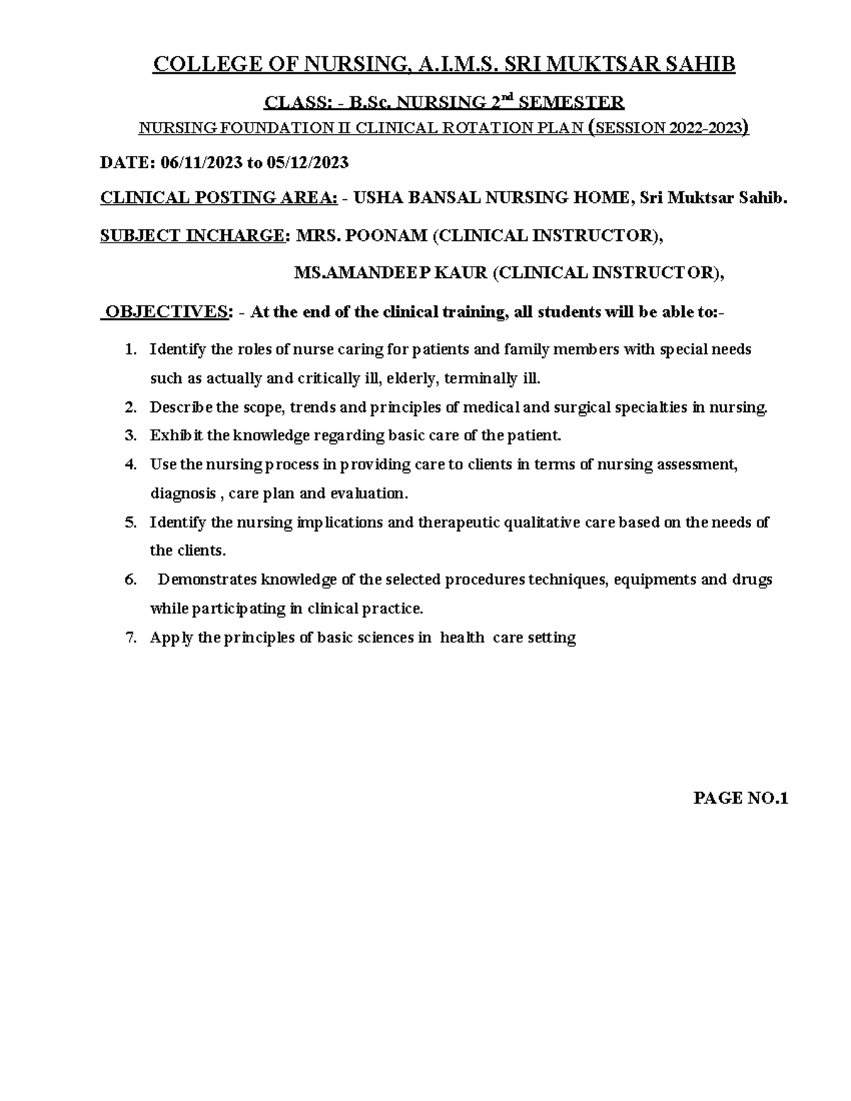 Nursing foundation Clinical Rotation PLAN (B.Sc.N 1st sem) 2022-2023 ...
