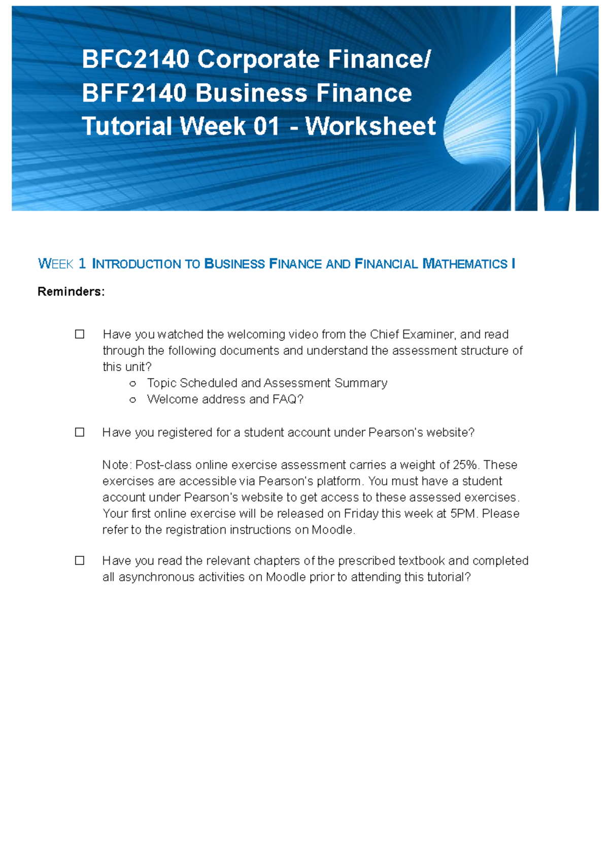 Week 1 Tutorial Worksheet - WEEK 1 INTRODUCTION TO BUSINESS FINANCE AND ...