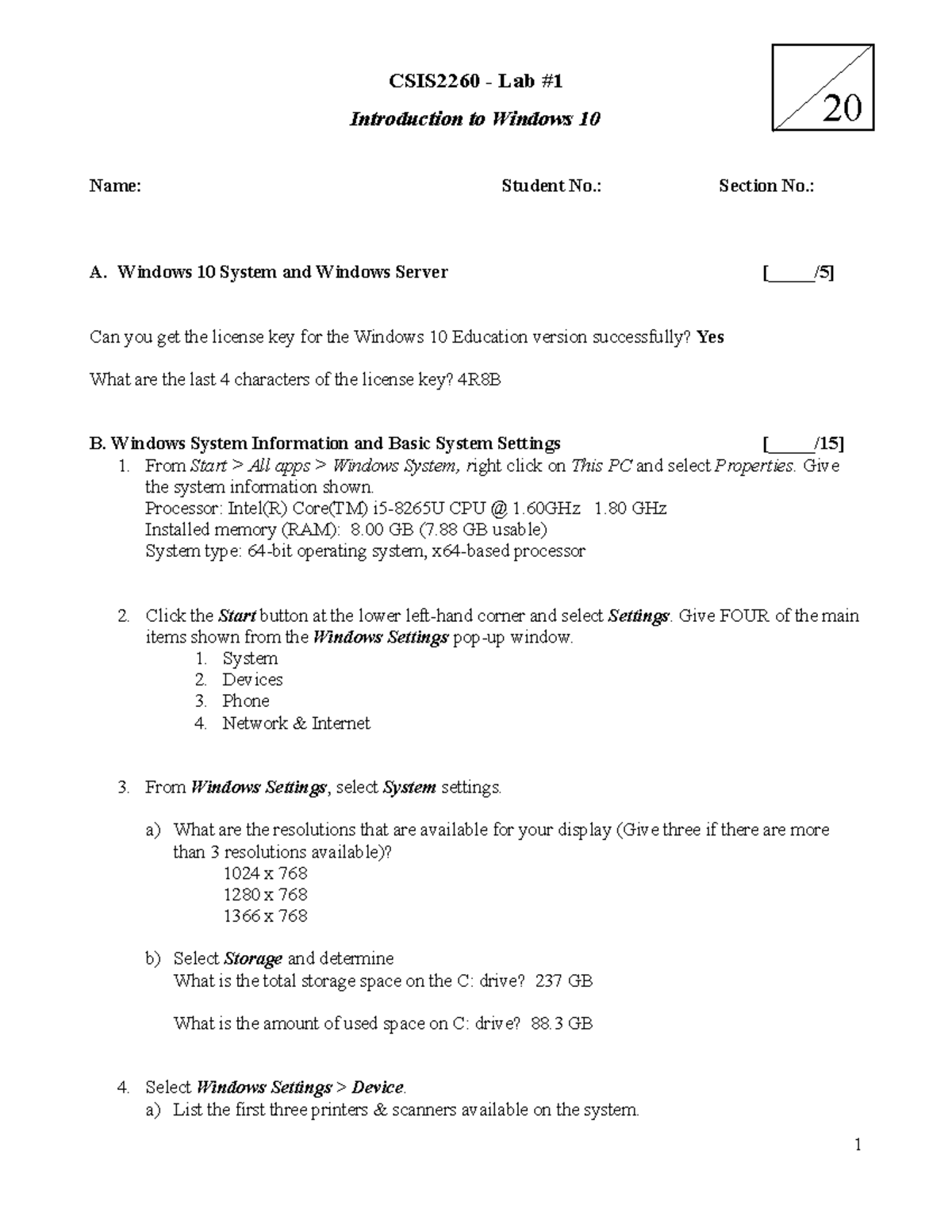 Lab Exercise 1 Answer - CSIS2260 - Lab Introduction to Windows 10 Name ...
