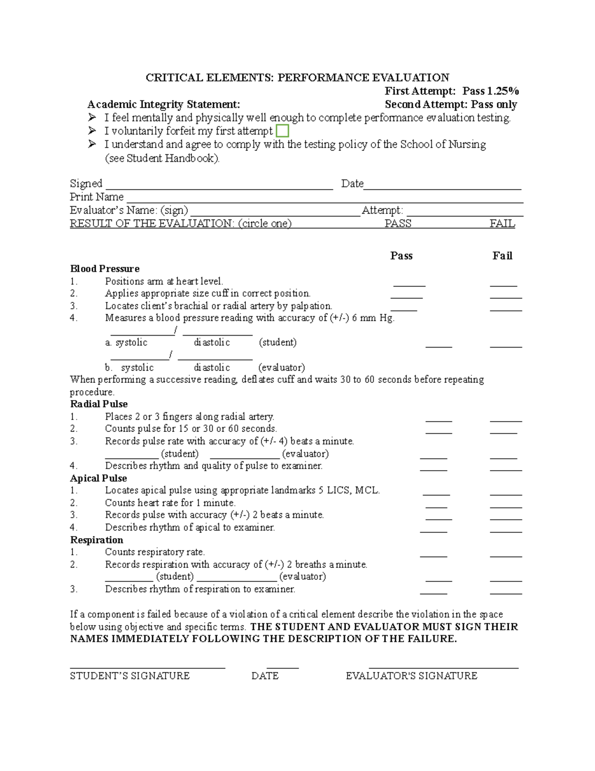 Vital Signs Critical Elements - CRITICAL ELEMENTS: PERFORMANCE ...