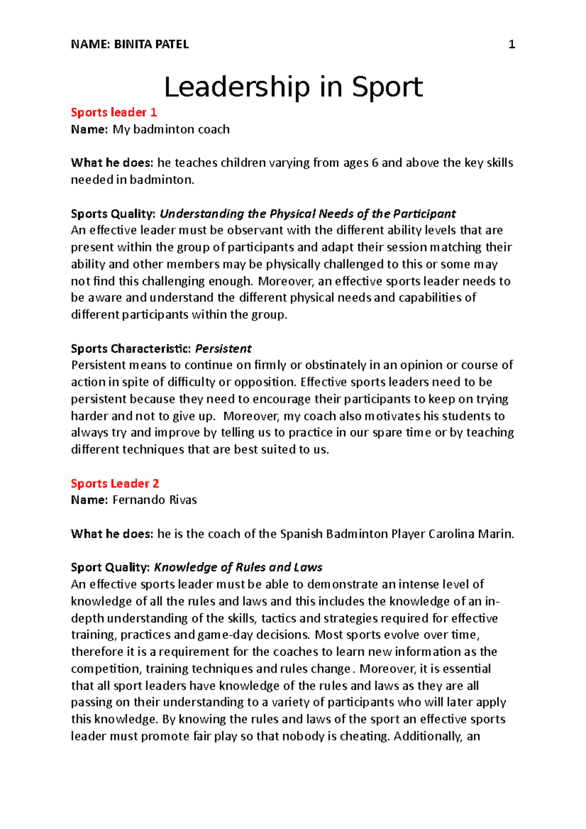 Leadership in Sport Assignment 1 - NAME: BINITA PATEL Leadership in ...