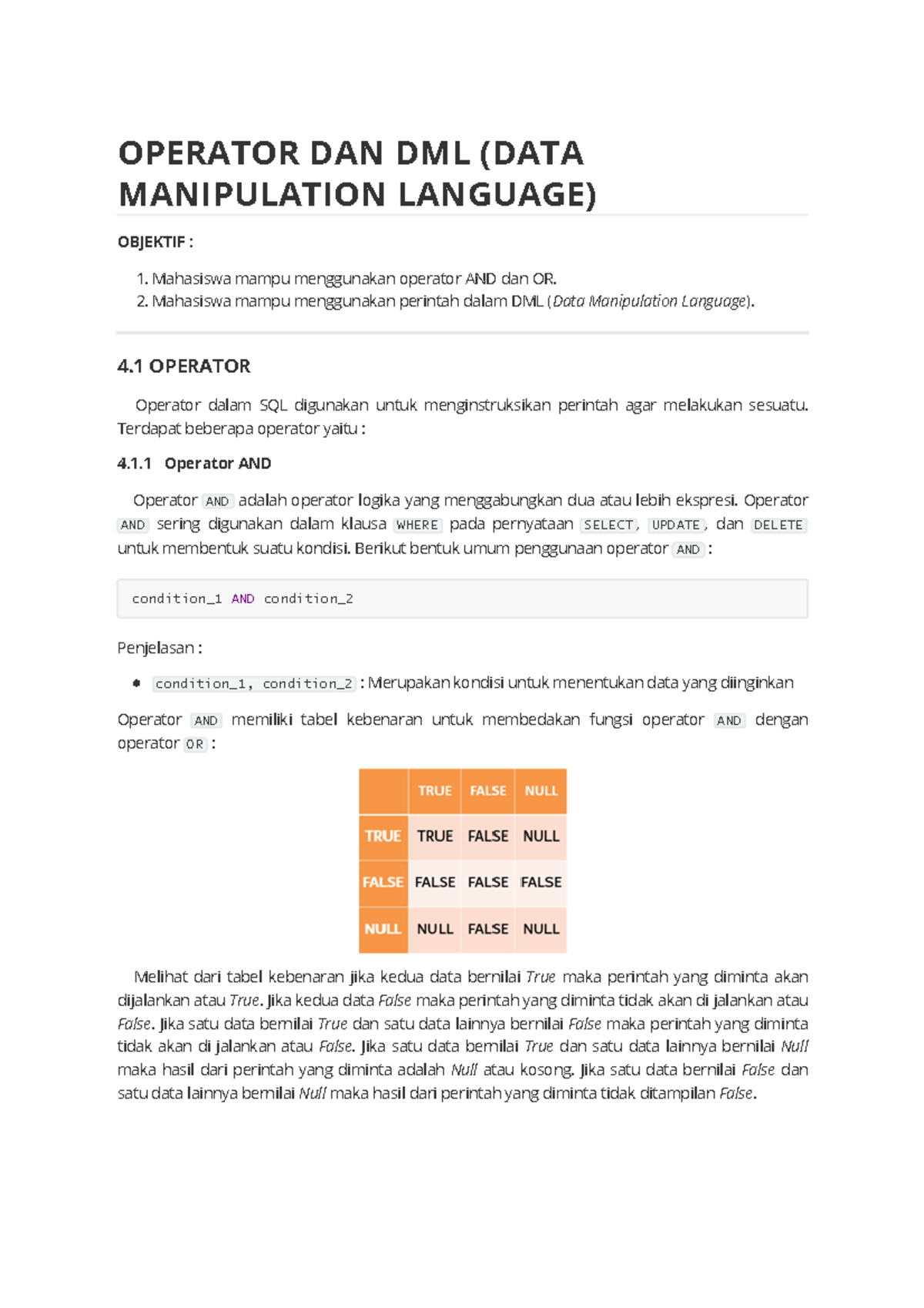 Topik 4 Operator Dan Dml Operator Dan Dml Data Manipulation Language Objektif 1