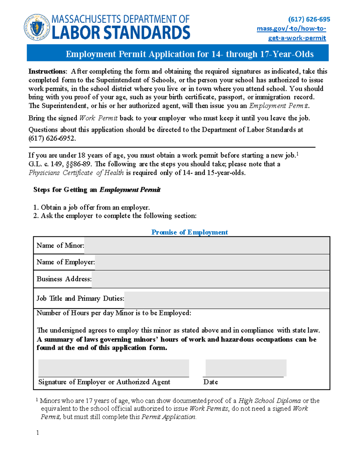 Work permit (Mass) - Employment Permit Application for 14- through 17 ...