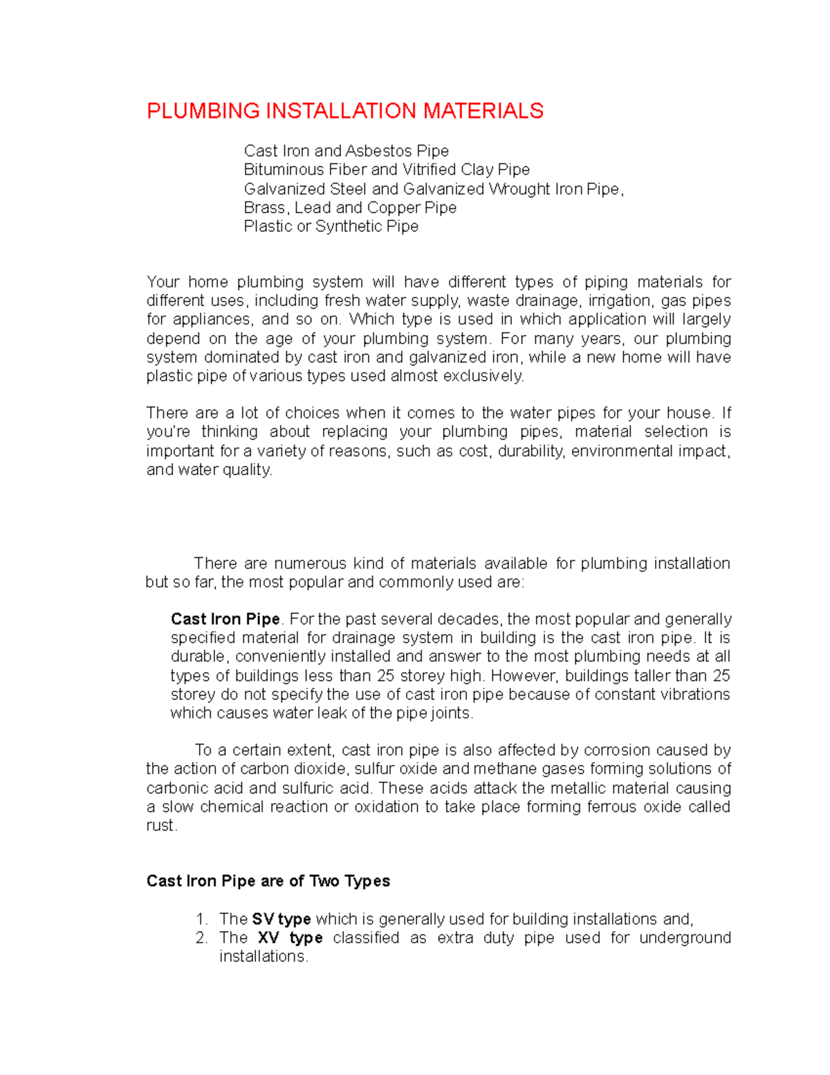 Plumbing Installation Materials - PLUMBING INSTALLATION MATERIALS Cast ...