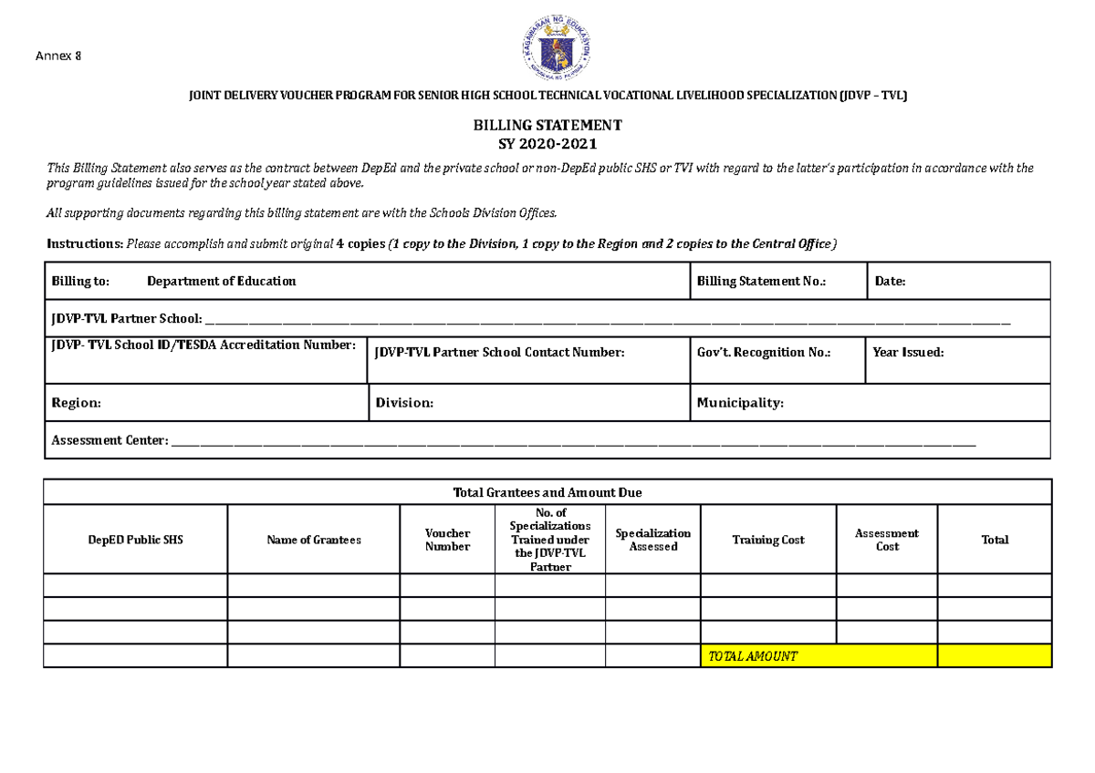 Annex 8 Billing Statement 01212020 - Annex 8 JOINT DELIVERY VOUCHER ...