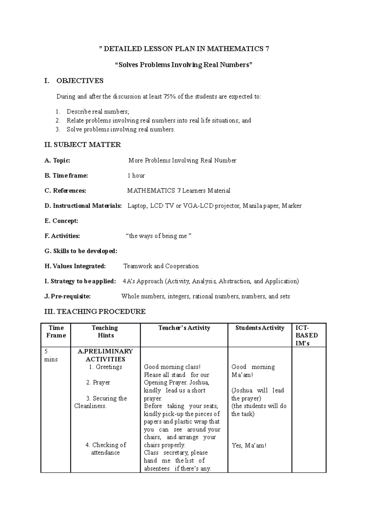 Detailed Lesson PLAN IN Mathematics 7( Erica) - ” DETAILED LESSON PLAN ...