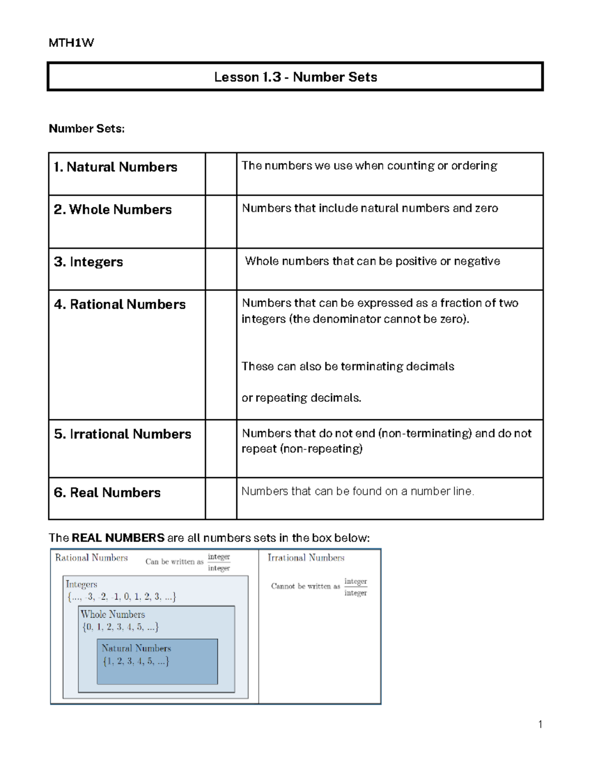 1.3 Number Sets - math practice - MTH1W Lesson 1 - Number Sets Number Sets: 1. Natural Numbers ...