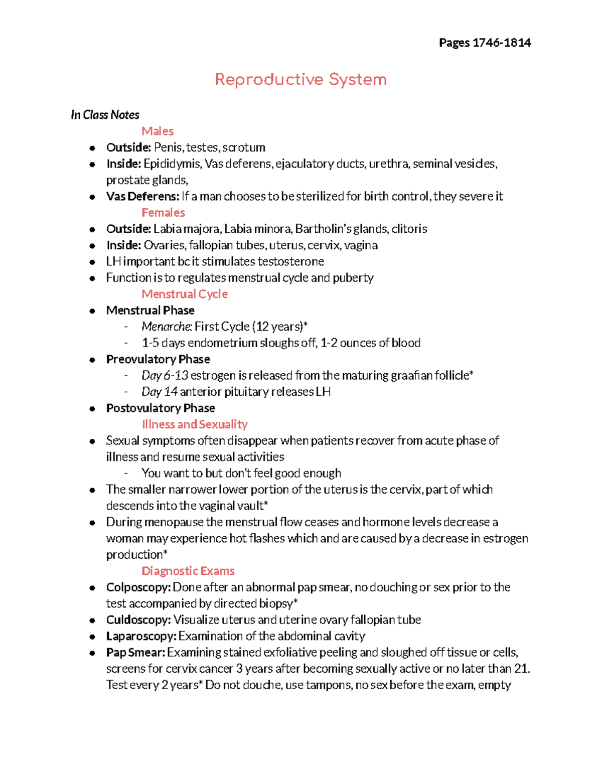 Reproductive System - Notes from lecture - Reproductive System In Class ...