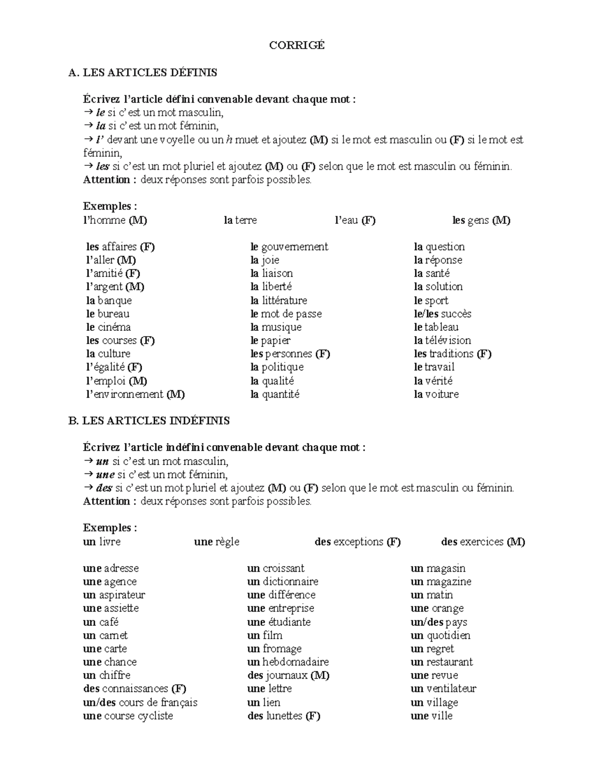 Exercices A, B, C, D, E, F, G Corrige - CORRIGÉ A. LES ARTICLES DÉFINIS ...