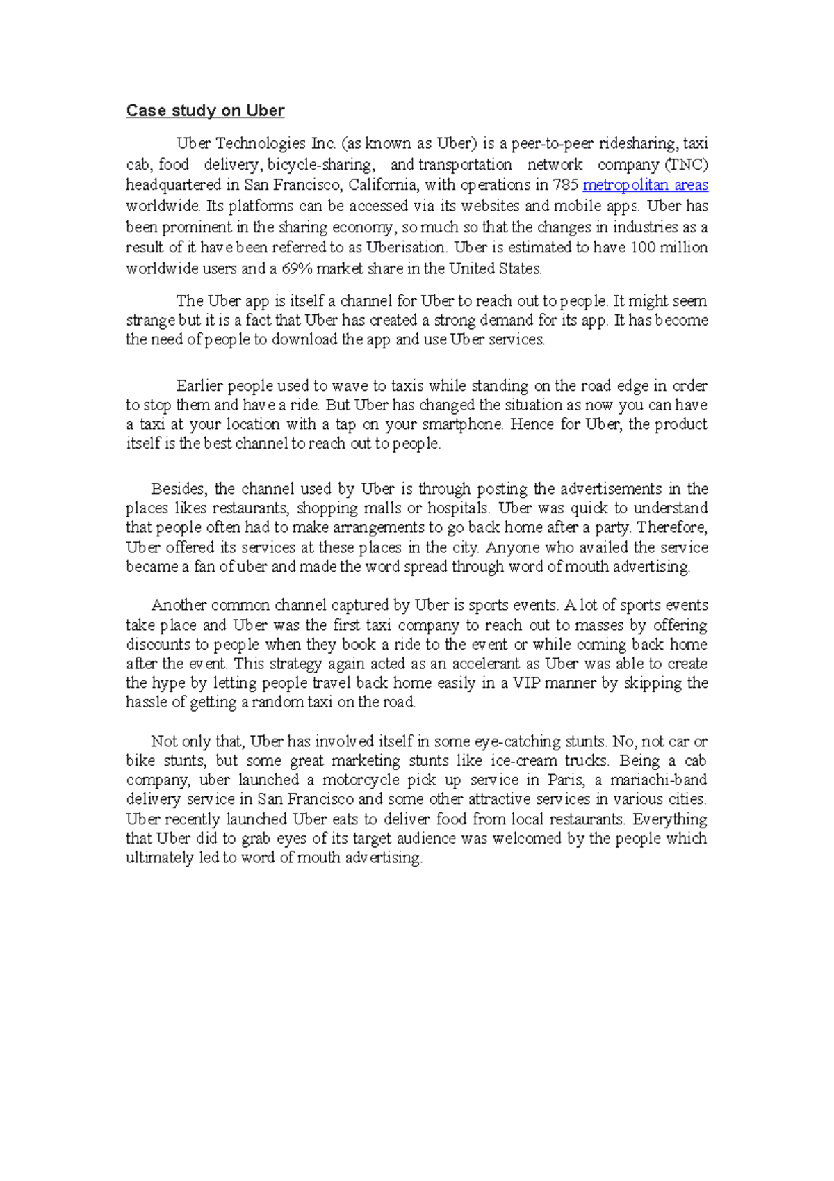 Brief Case study on Uber - Case study on Uber Uber Technologies Inc ...