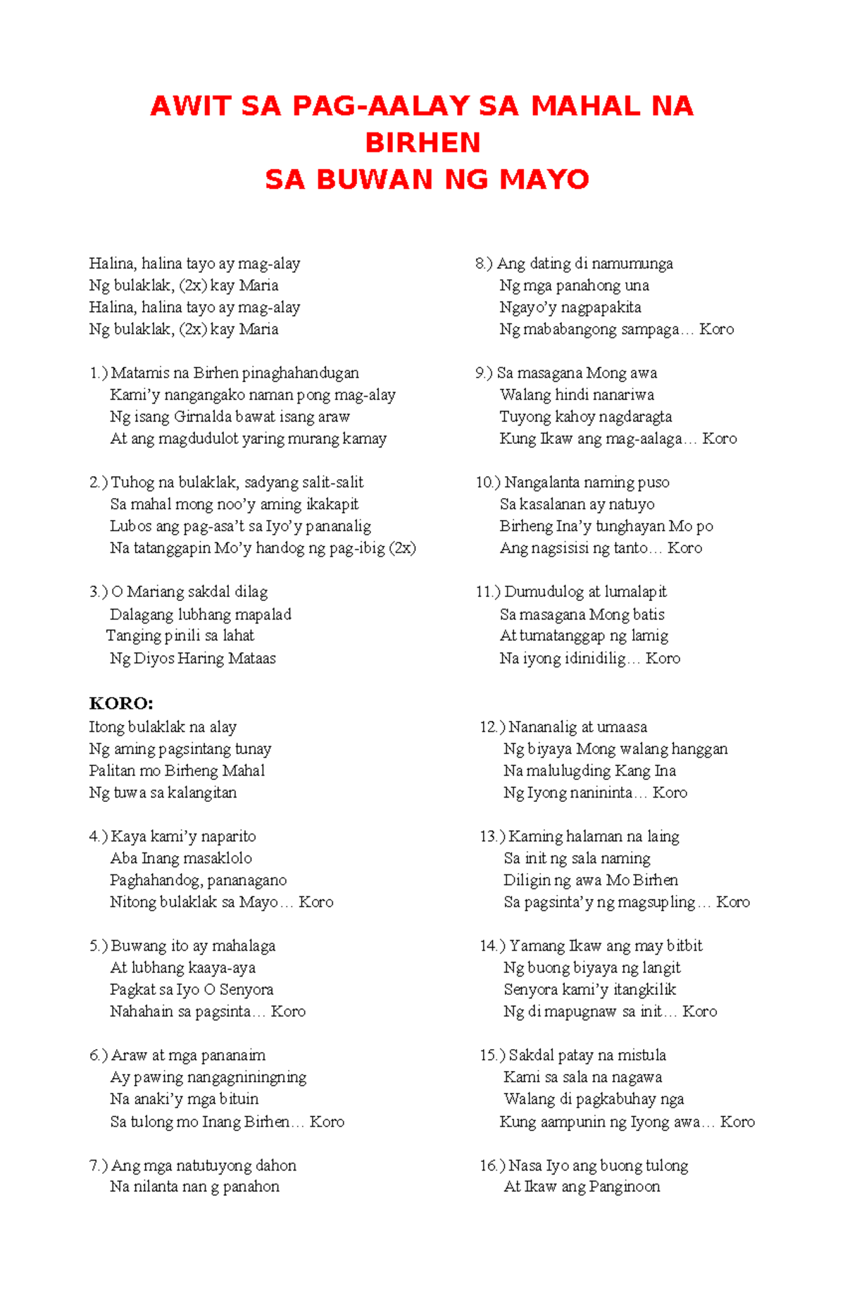 Awit sa pag-aalay sa mahal na birhen - AWIT SA PAG-AALAY SA MAHAL NA ...