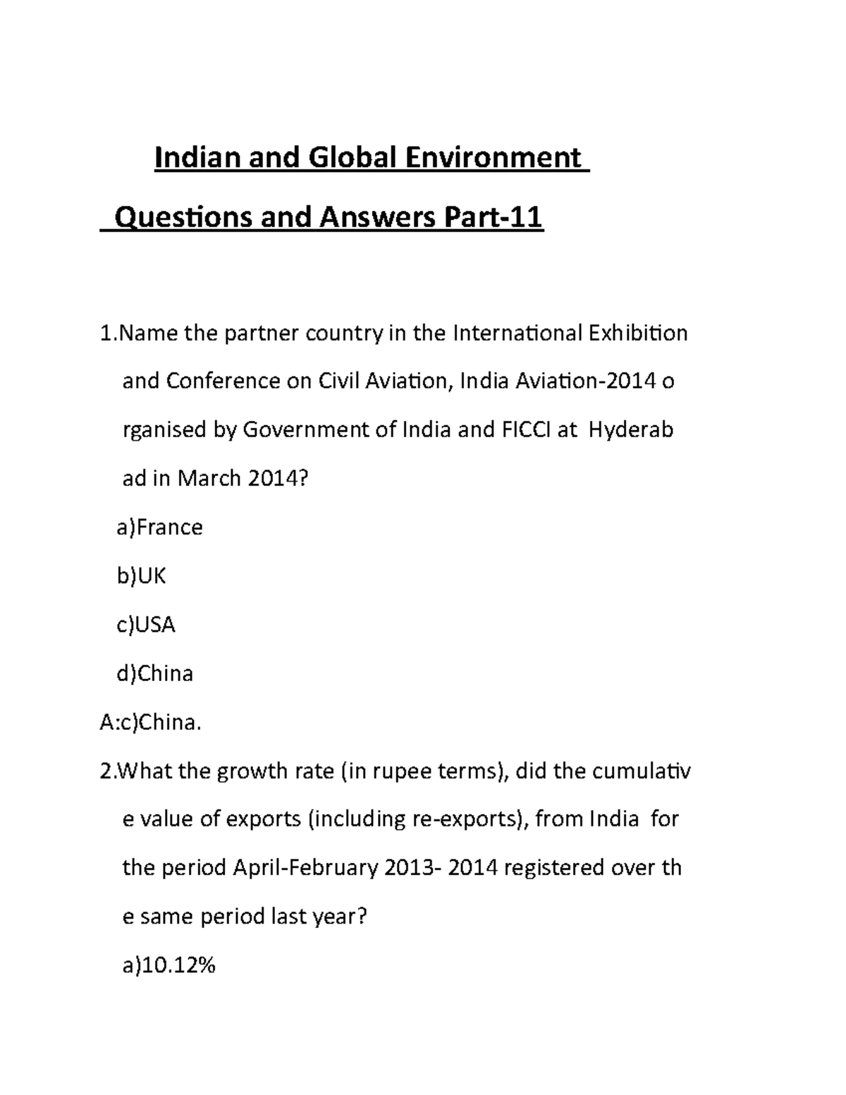 Indian and Global environment Questions and Answers Part- 11 - 2 the ...