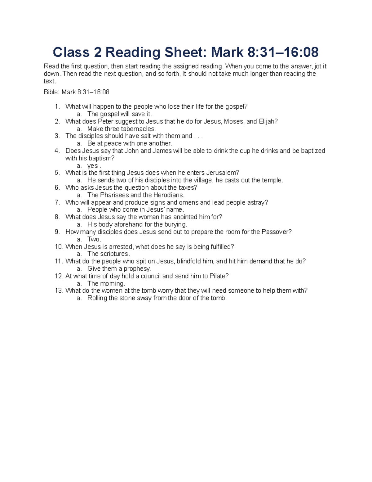 Class 2 Reading Sheet Mark 8 31–16 08 - Class 2 Reading Sheet: Mark 8: ...