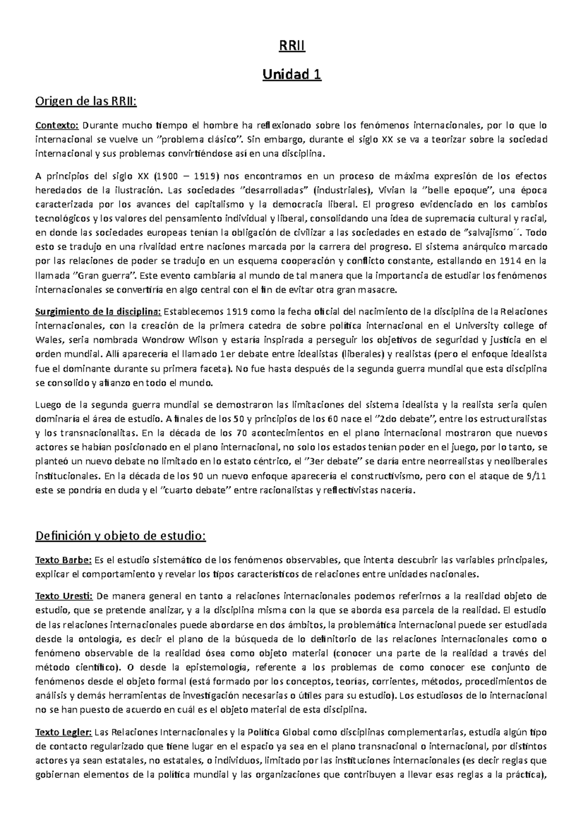 Resumen RRII - RRII Unidad 1 Origen de las RRII: Contexto: Durante ...