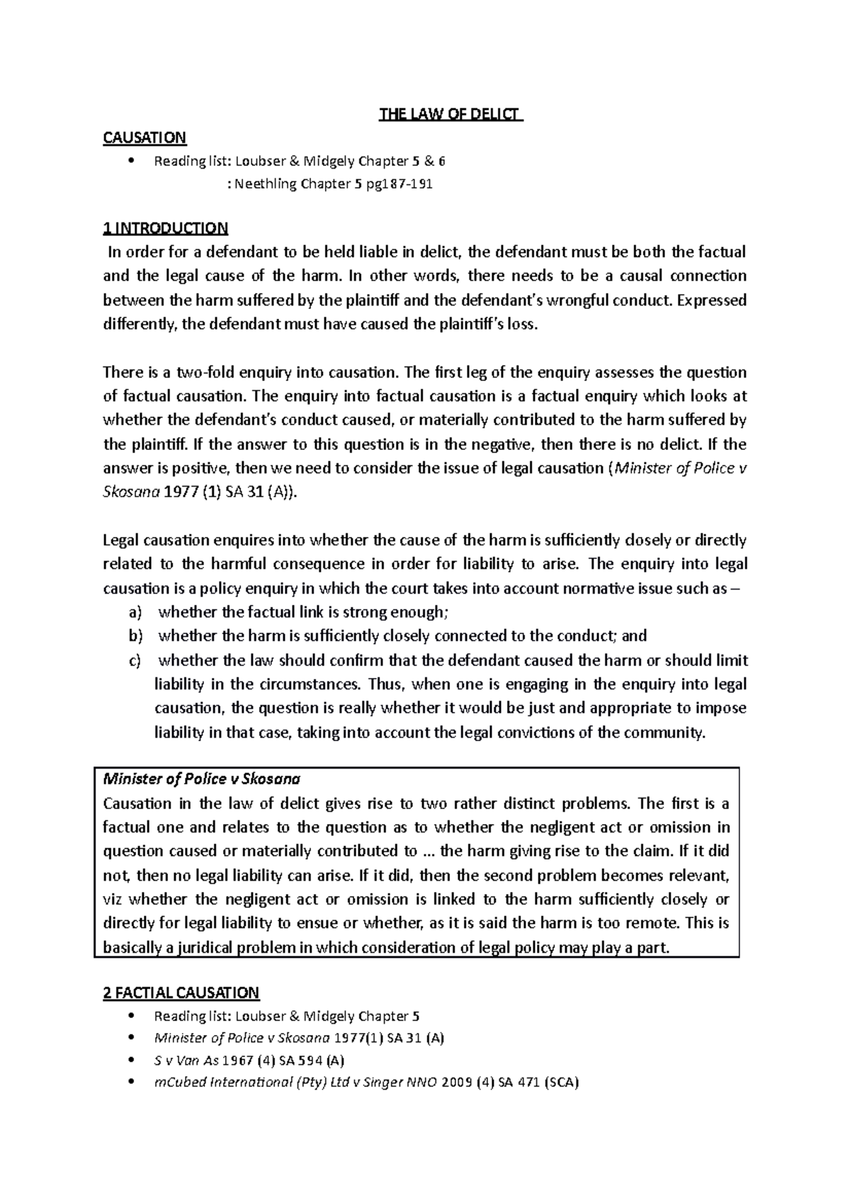 2nd 2020 - Factual and legal causation - THE LAW OF DELICT CAUSATION ...
