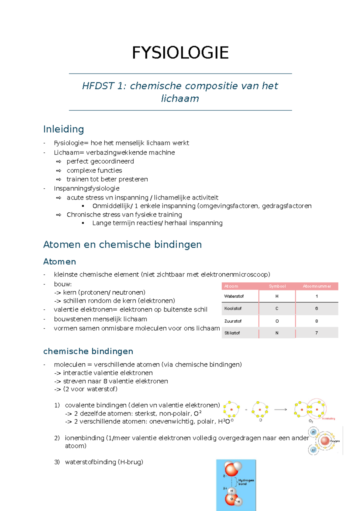 Fysiologie les 1 - ####### Atoom Symbool Atoomnummer ####### Waterstof ...