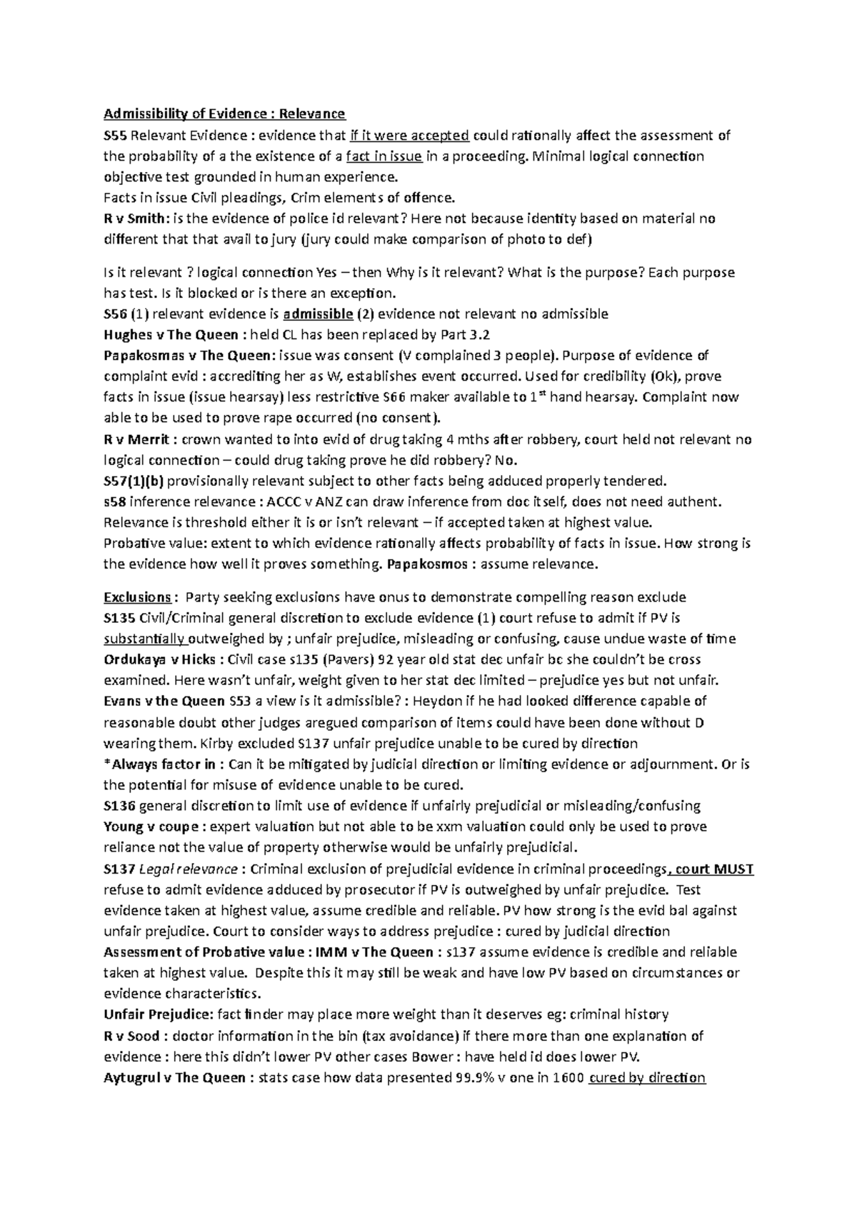 Evidence Act Notes final 2022 - Admissibility of Evidence : Relevance ...