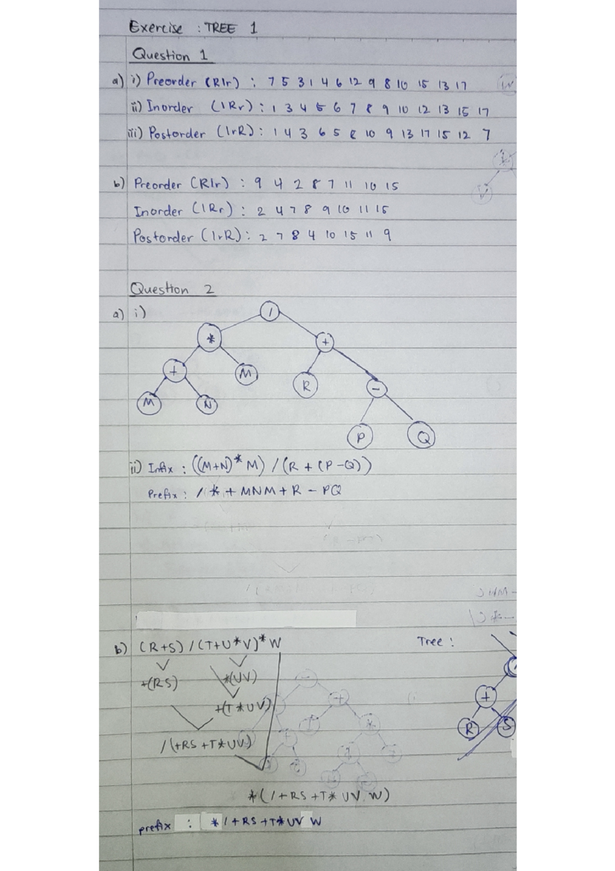 Lab7 practice material - Exercise TREE 1 Question 1 a) i) Preorder (R1r) : 53146129 810 15 13 17 ...