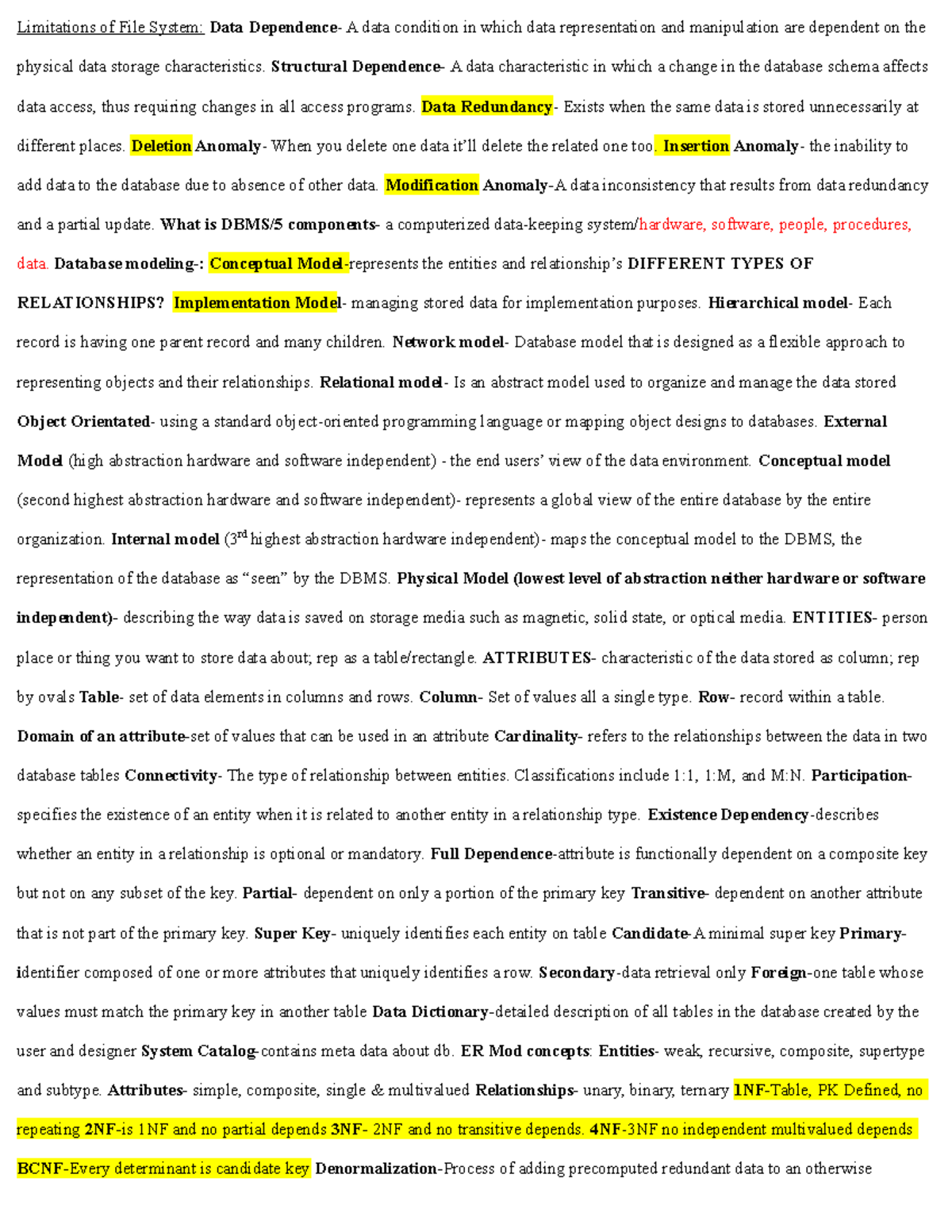 3304 study guide - Limitations of File System: Data Dependence - A data ...