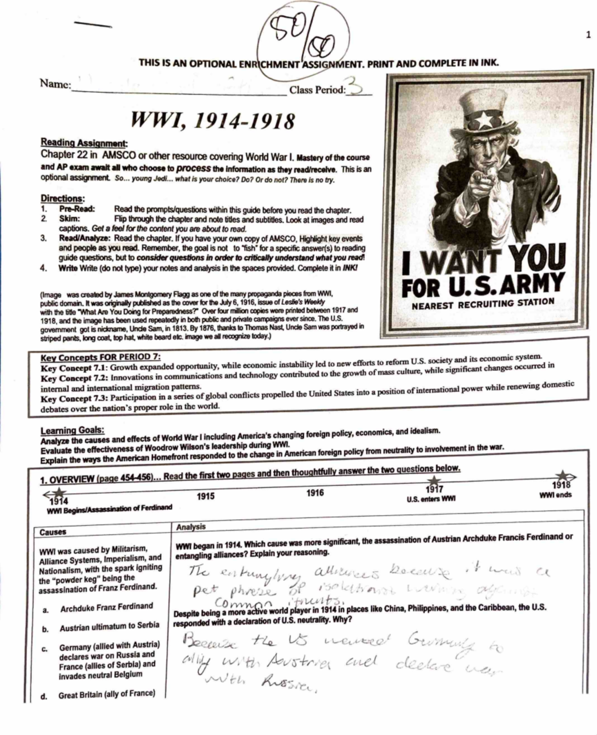 WWI, 1914-1918 - Class notes assignment. - ENT. PRINT AND COMPLETE IN ...