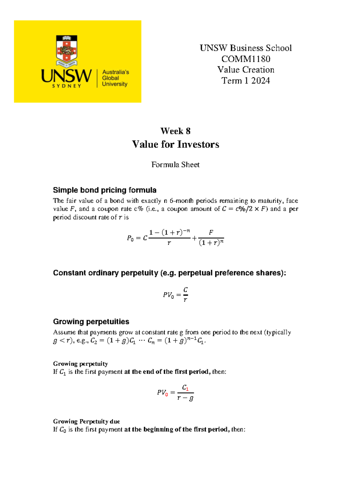 Wk8 formula - Summary Value Creation - Week 8 Value for Investors ...