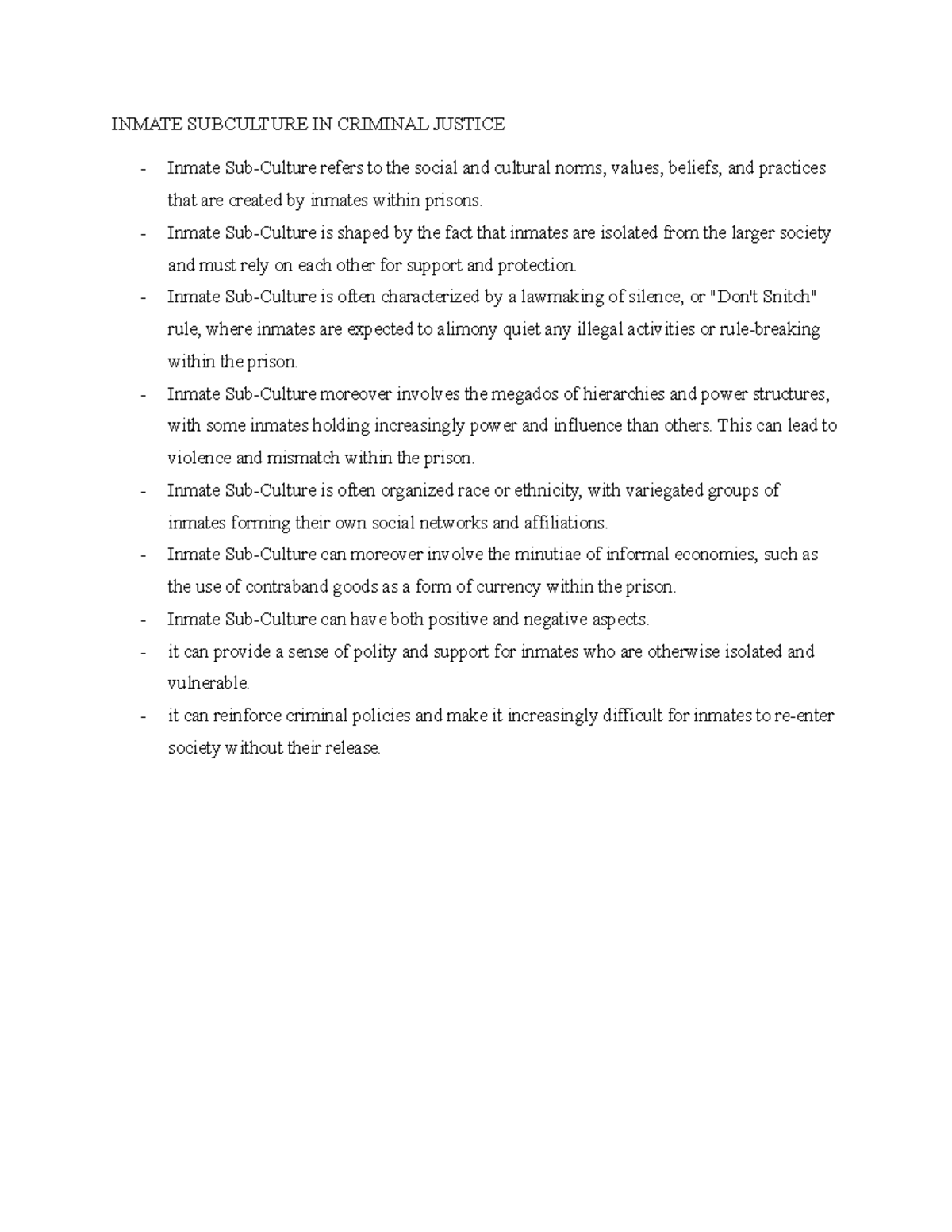 Inmate Subculture IN Criminal Justice Notes 1 - INMATE SUBCULTURE IN ...