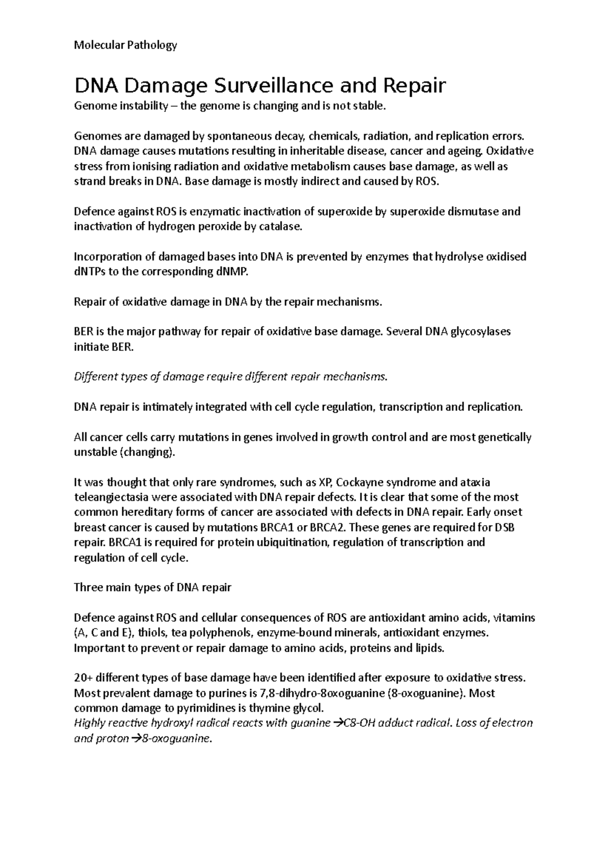 Molecular Pathology DNA Damage Surveillance and Repair - Molecular ...