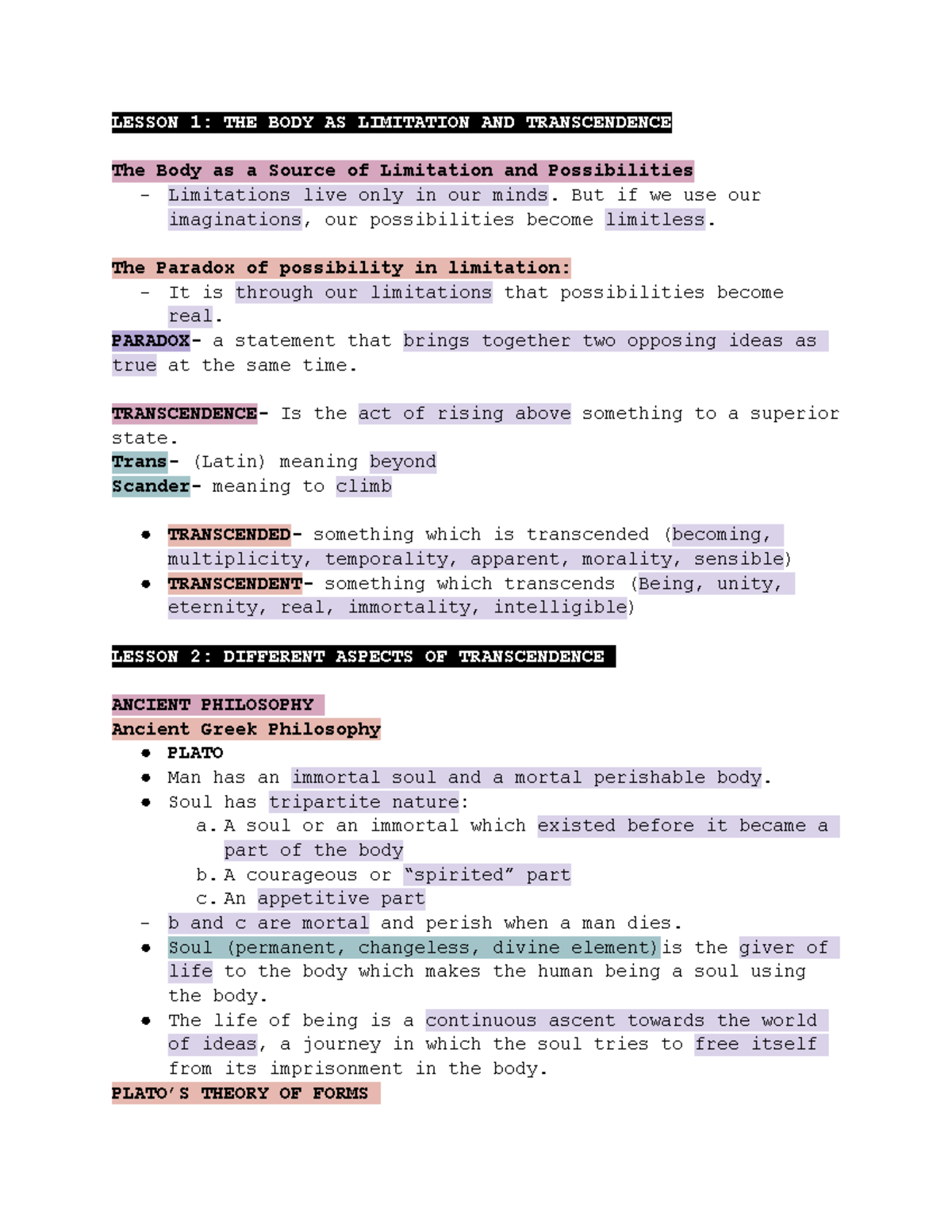IPHP-Finals - notes - LESSON 1: THE BODY AS LIMITATION AND ...