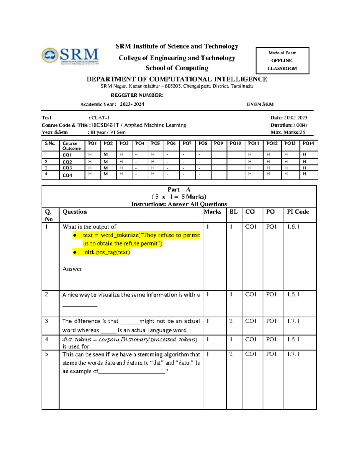 Ct1 Qp Set 3 Ct1 Qp Set 3 Srm Institute Of Science And Technology College Of Engineering And