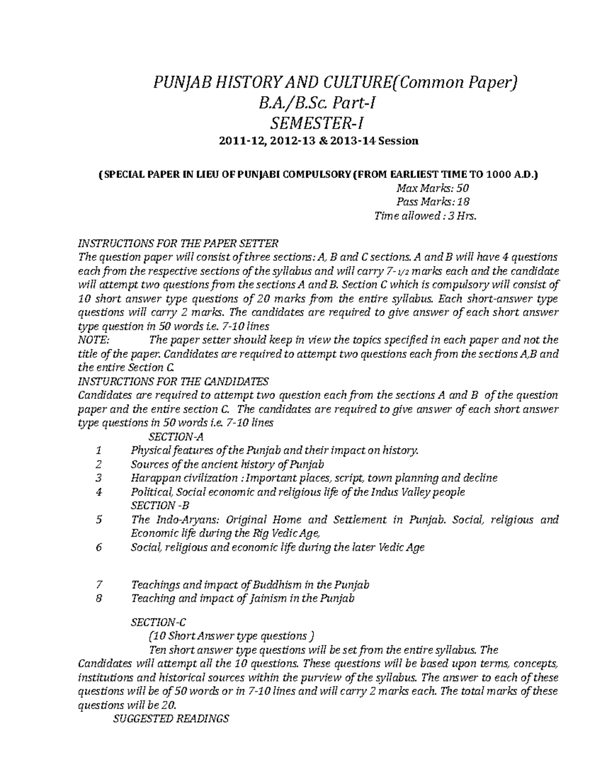 B.Sc. Part-I(Semester I & II) Subject - Punjab History & Culture ...