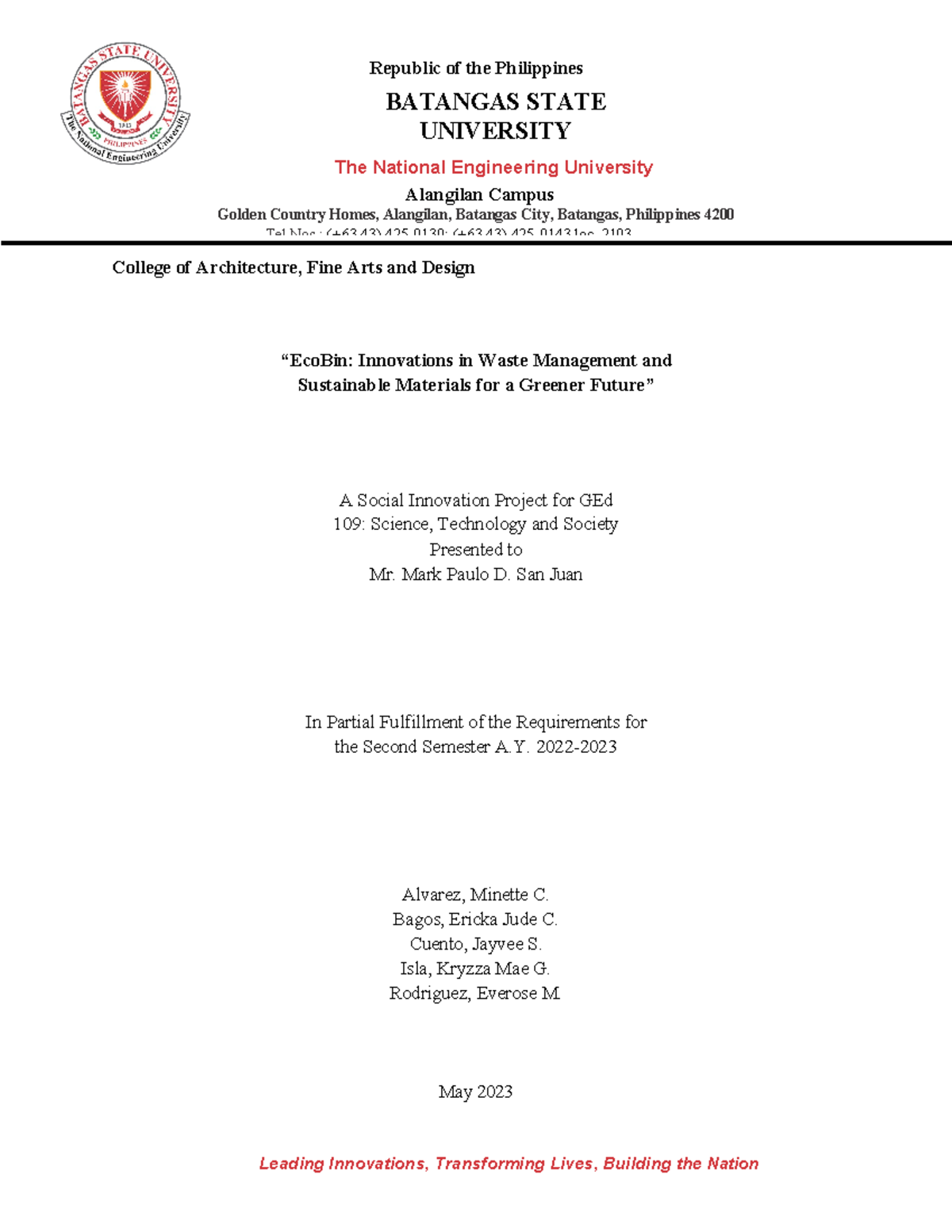 Group-1 innovation - BATANGAS STATE UNIVERSITY The National Engineering University Alangilan ...