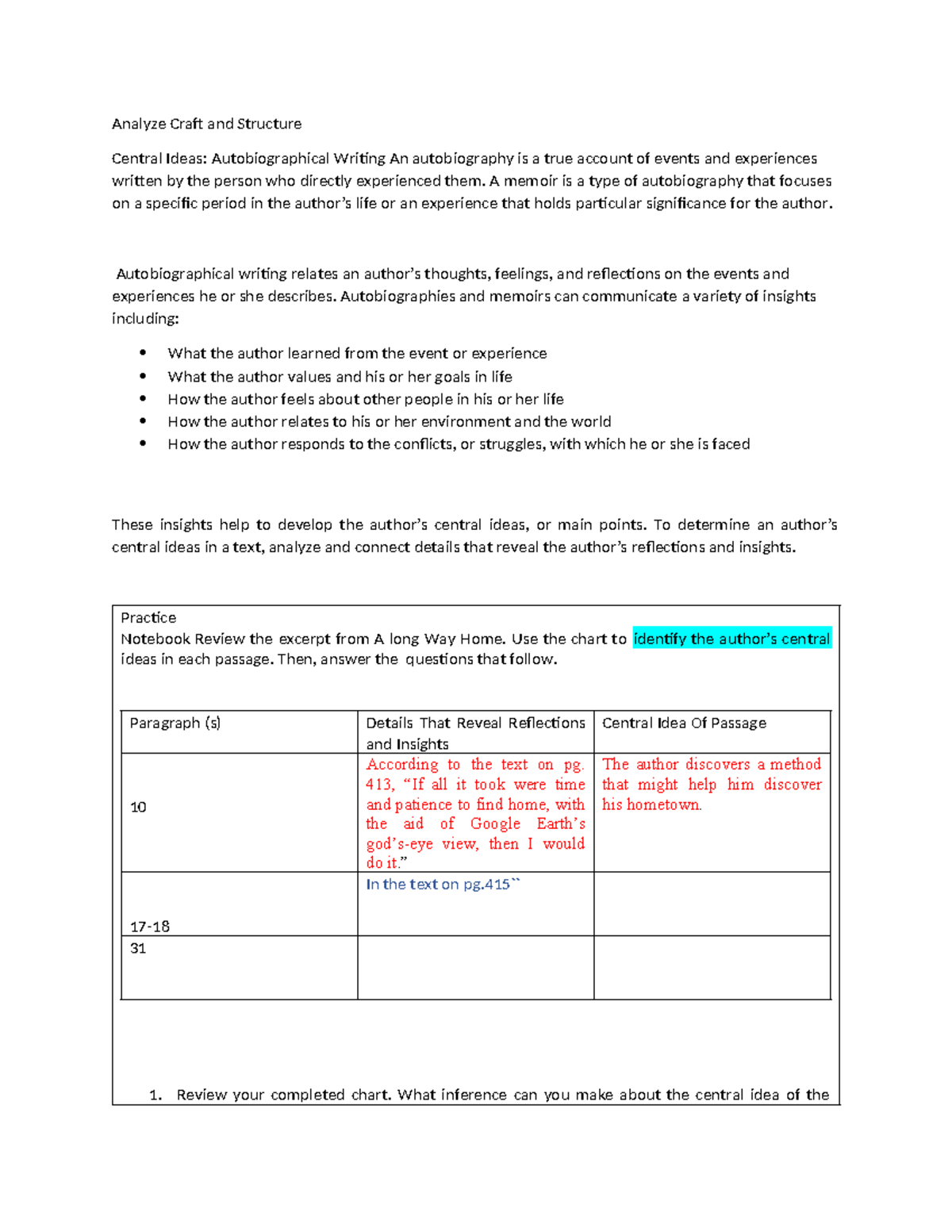 My Perspective, pg. 425 - Analyze Craft and Structure Central Ideas ...